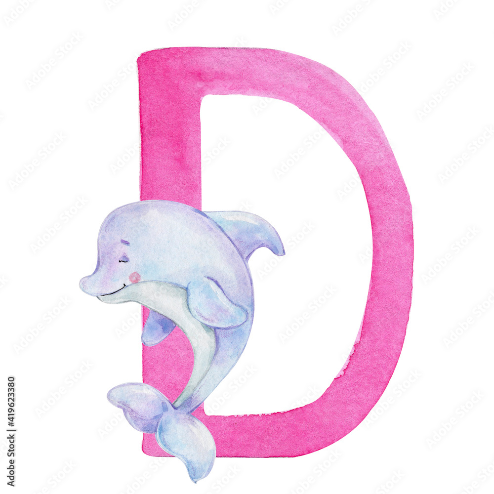 Cute cartoon dolphin and pink letter "D"; watercolor hand drawn ...