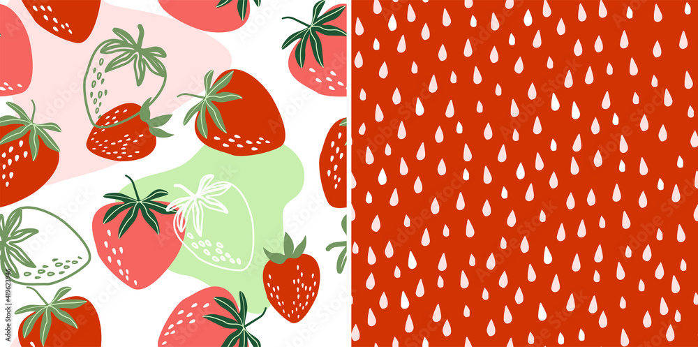 Set of seamless pattern with bright red and pink strawberries. Summer ...