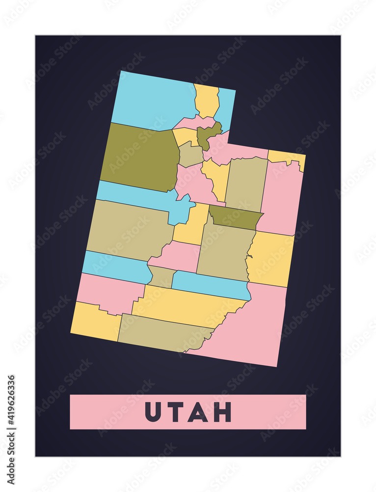 Utah map. Us state poster with regions. Shape of Utah with us state ...