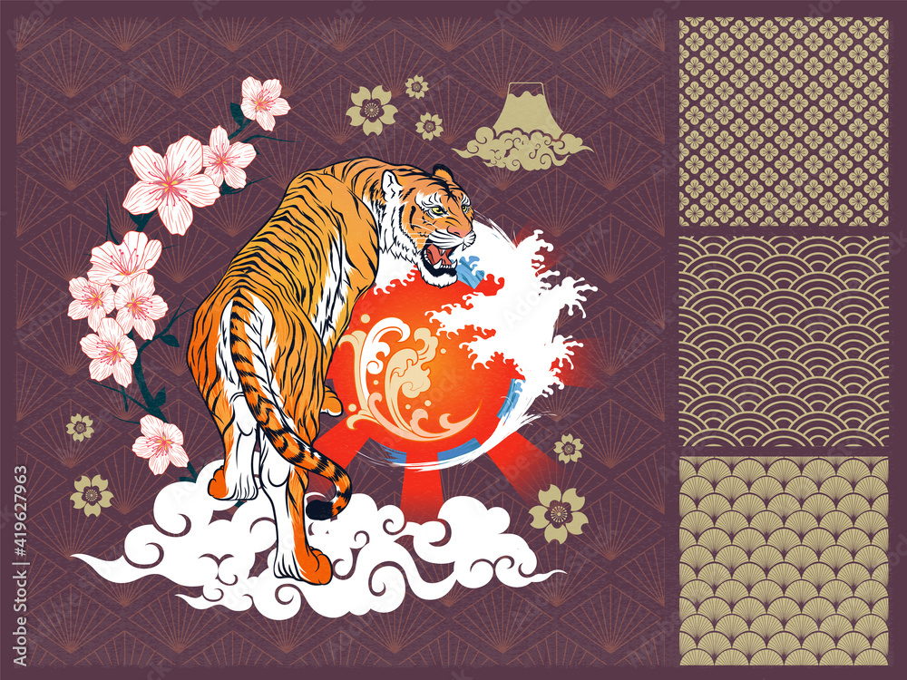 Abstract Art Japanese Tiger Rear View Walking on White Curvy Cloud with ...