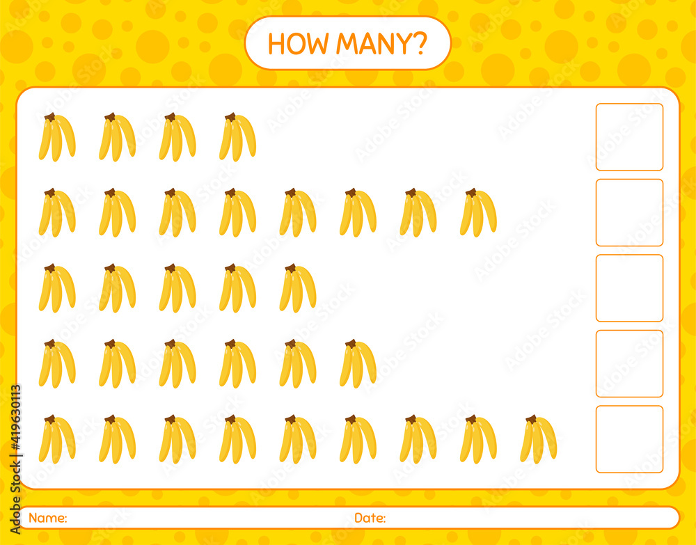 Vetor de How many counting game with banana worksheet for preschool ...