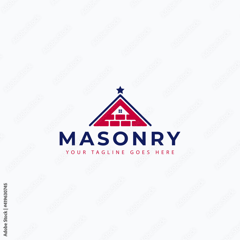Vector illustration of house, bricks and american flag for masonry logo ...