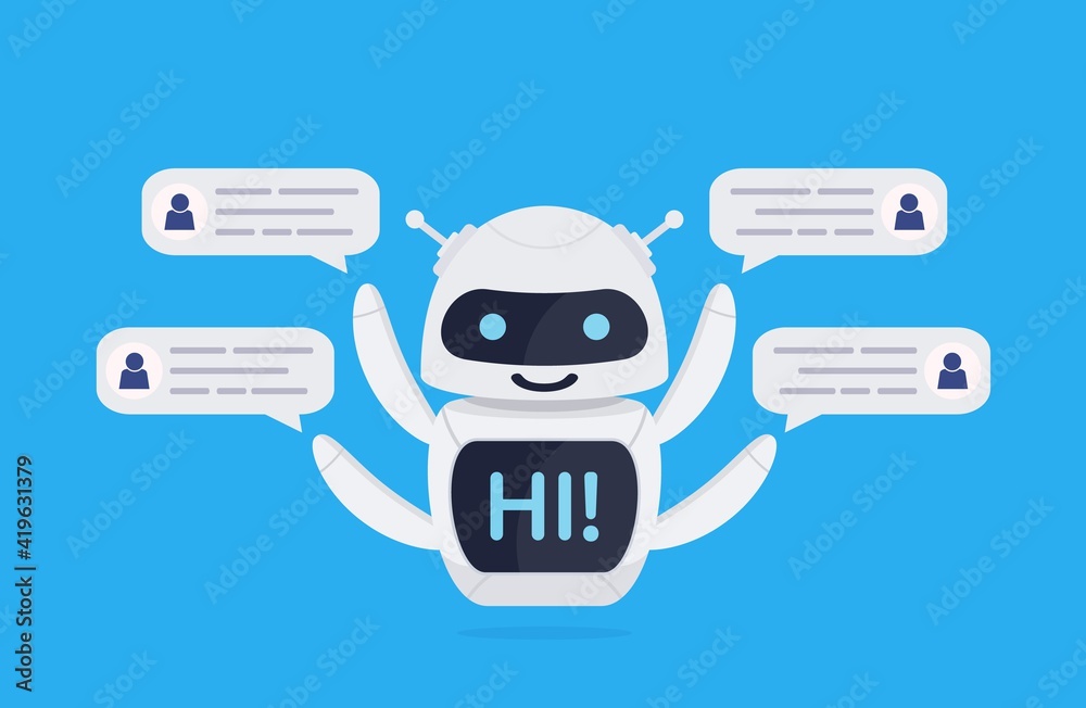 Chatbot robot concept. Cute bot say users Hi. Chatbot greets. Online ...