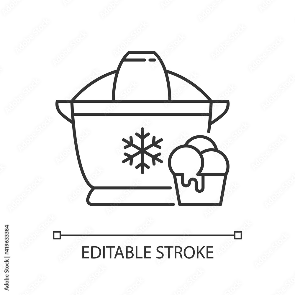 Ice cream maker linear icon. Freezer gadget. Icecream machine. Small ...