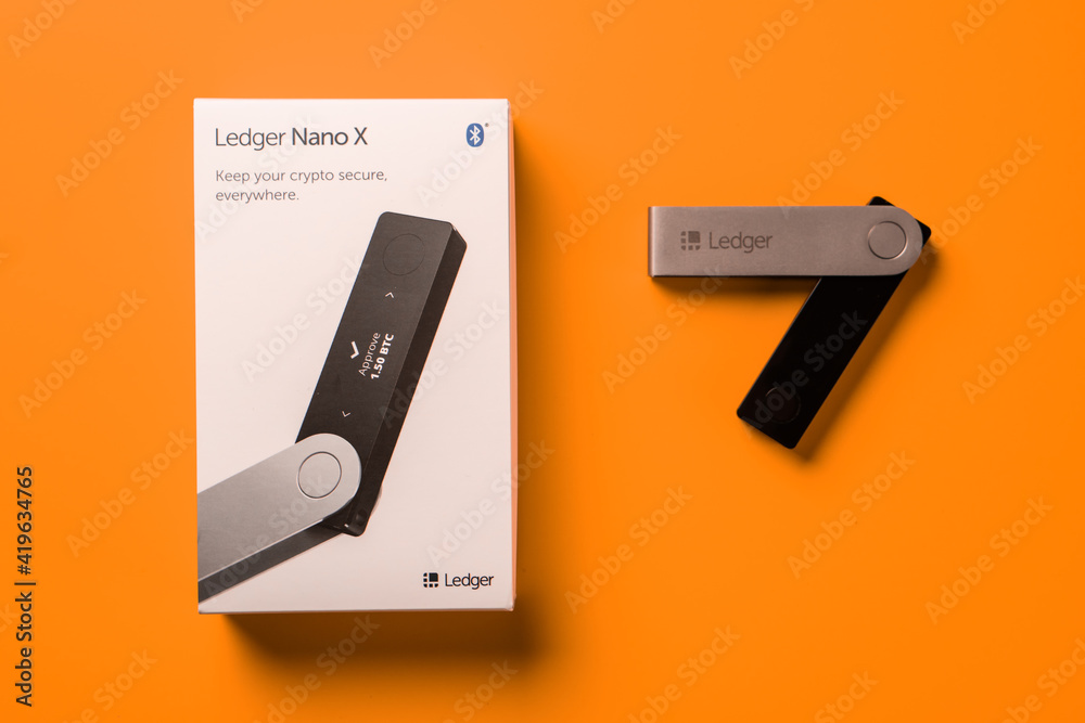 Top view of hardware cryptocurrency wallet ledger nano x and box on the ...
