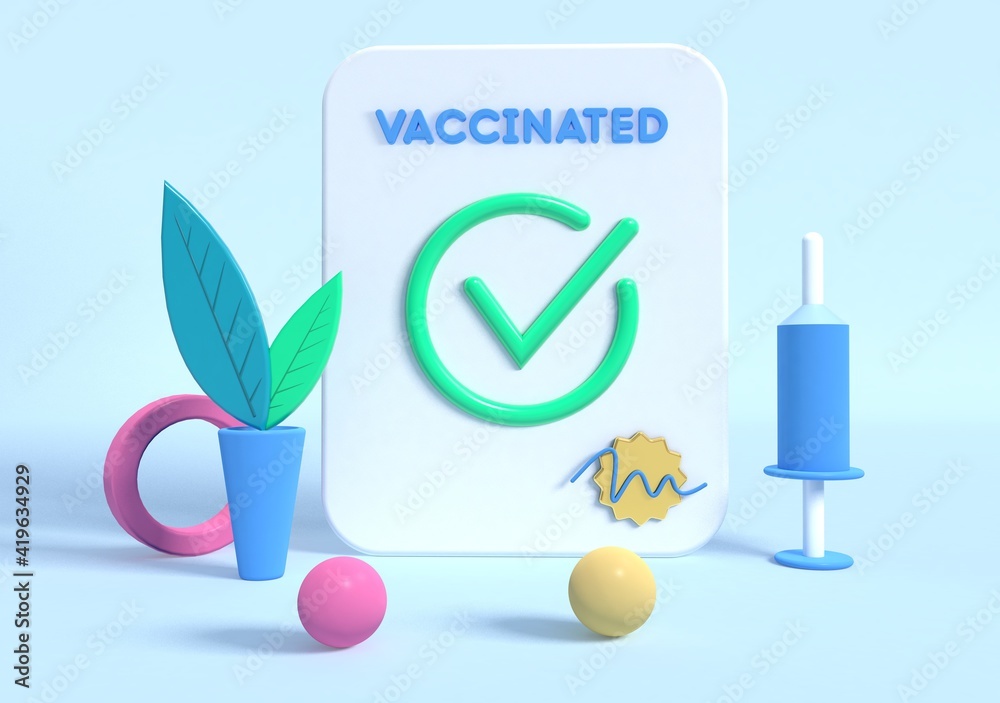 3d rendering, coronavirus vaccination. Card with check mark and stamp ...