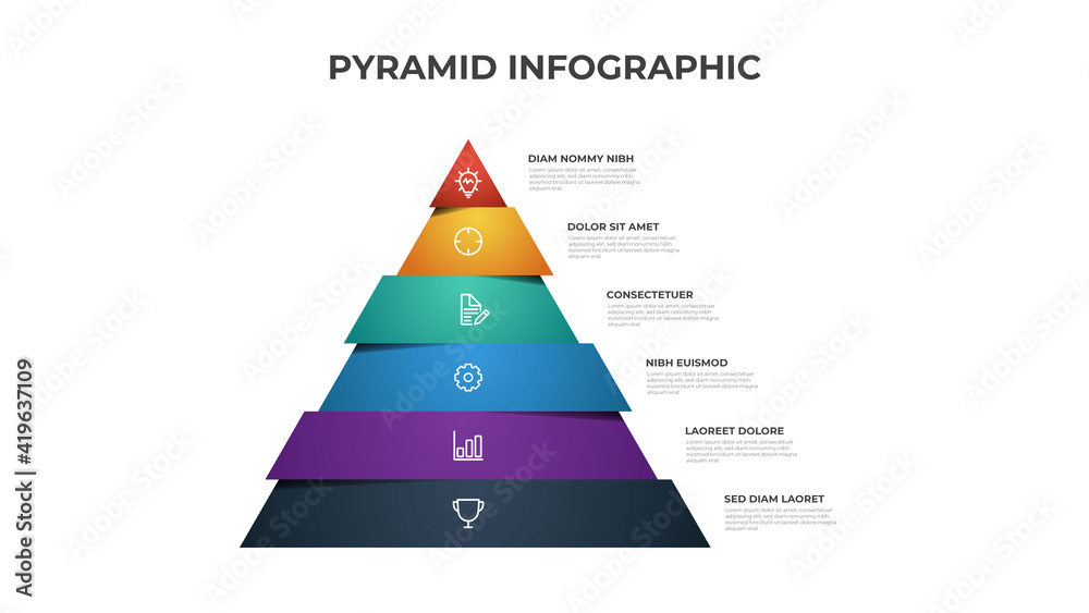 Colorful pyramid infographic template vector with 6 steps, list, levels ...