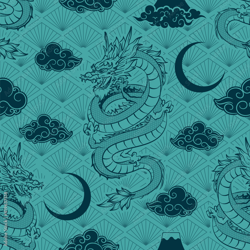 Seamless Art Japanese Repeat Pattern Bright and Dark Green Dragon ...