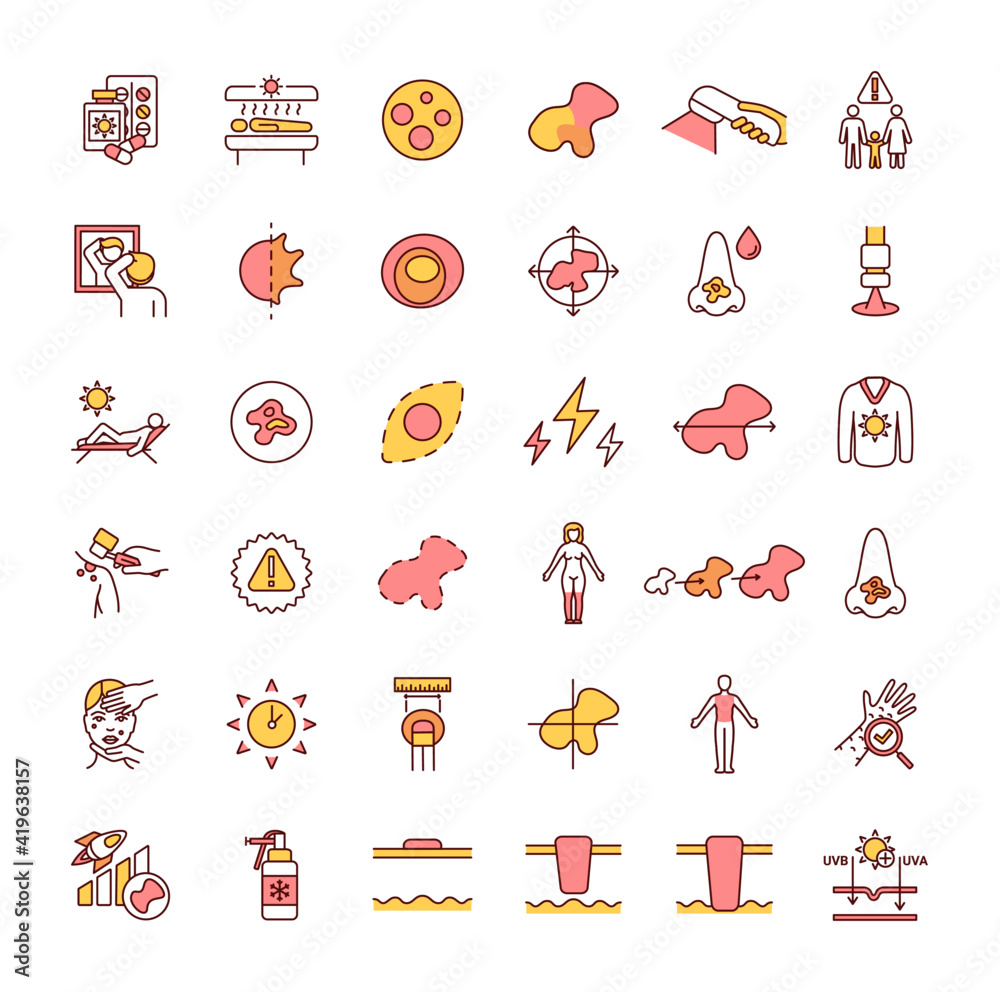 Stockvector Skin cancer RGB color icons set. Cancerous cells ...