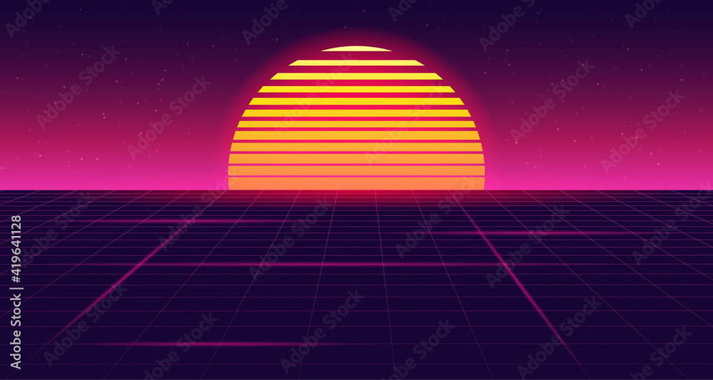 Retro futuristic sunset background with grid. 80s style. Retrowave ...