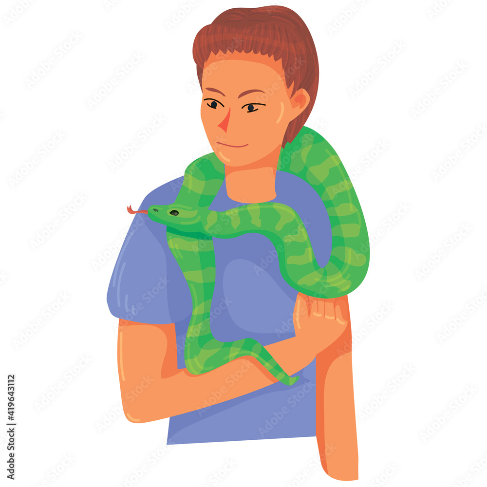 home snake in the hands of a guy. happy pet owners. cold-blooded ...