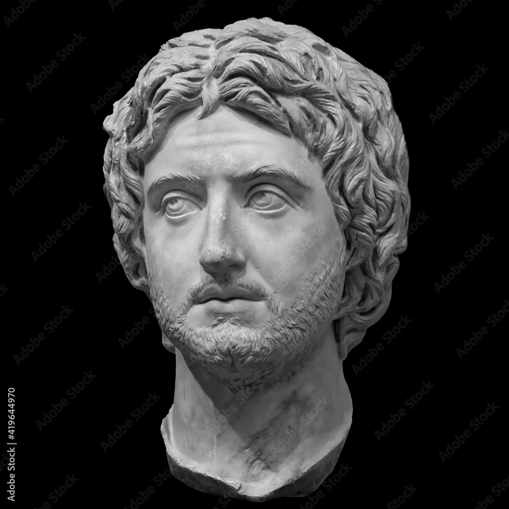 Head detail of the ancient man sculpture. Stone face isolated on black ...