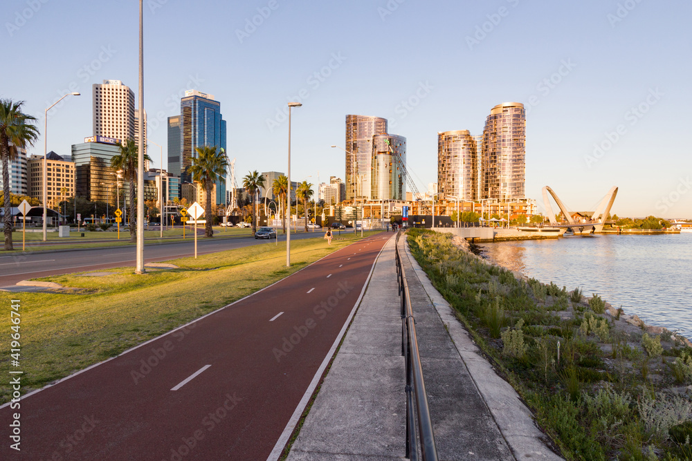 Perth, Australia. Segregated cycle path heading for the business ...