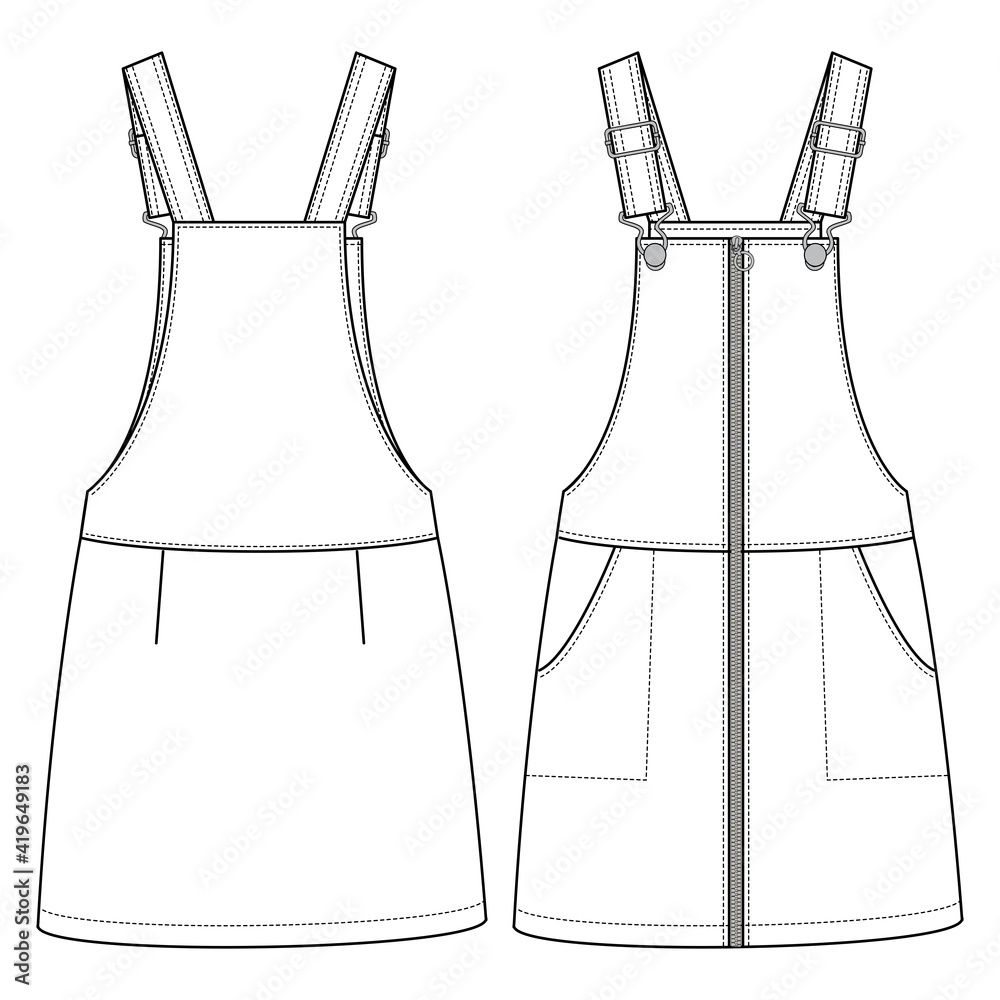 Girls Zip Front Pinafore fashion flat sketch template. Kids Jumper ...
