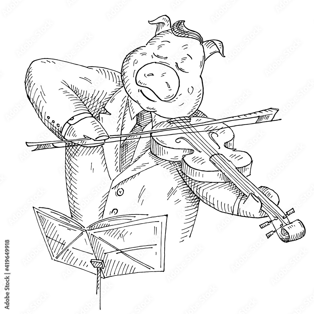 Pig play the violin. Vintage monochrome hatching illustration Stock ...