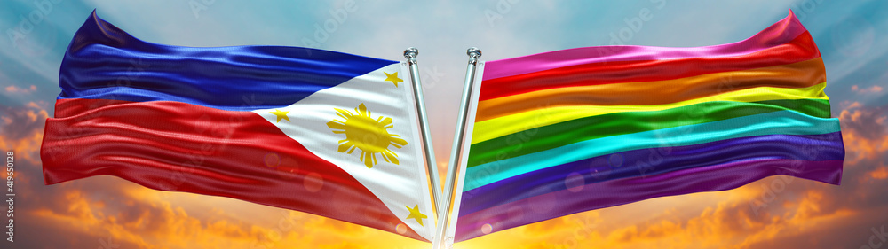 Philippines Flag and Rainbow Flag waving with texture Blue sky could ...