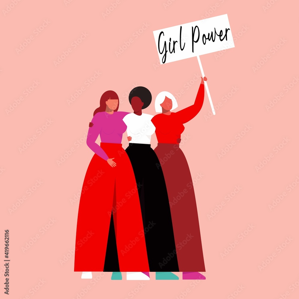 Three girls hugging each other, in the hands of a girl poster on which ...