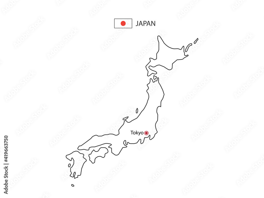 Hand draw thin black line vector of Japan Map with capital city Tokyo ...