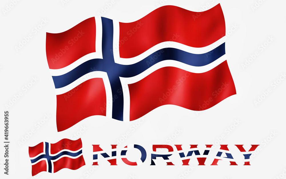 Norway flag illustration with fabric texture NORWAY and text with White ...