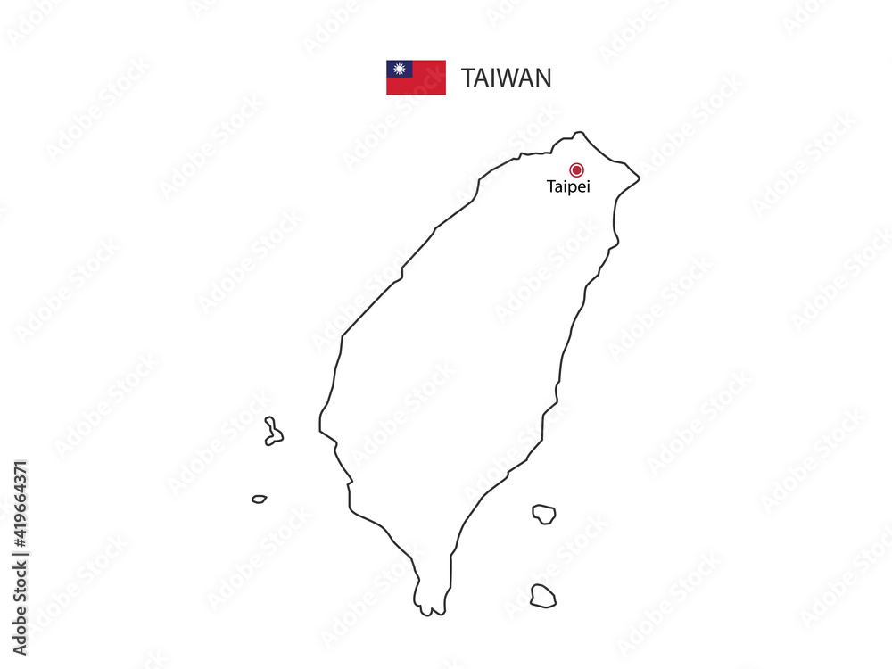 Hand draw thin black line vector of Taiwan Map with capital city Taipei ...