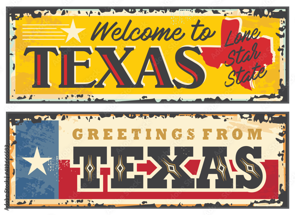 Texas sign boards in retro style. USA state welcoming or greeting card ...