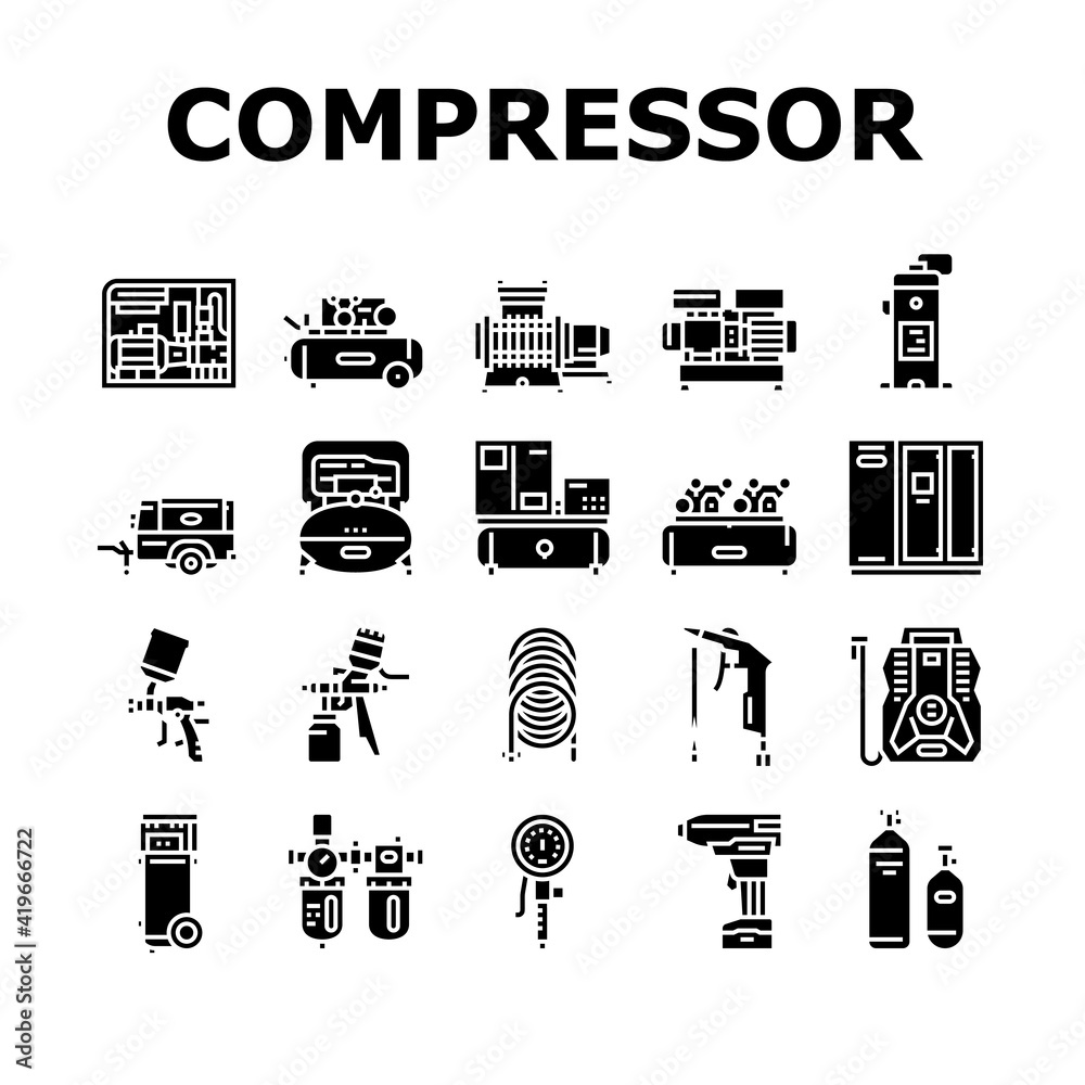 Air Compressor Tool Collection Icons Set Vector. Screw And Piston ...