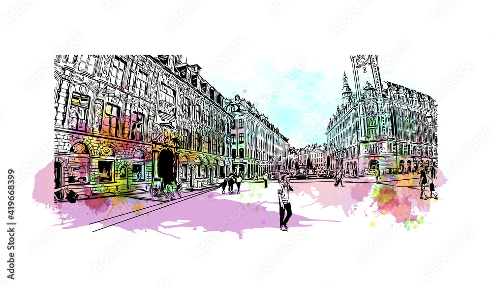 Building view with landmark of Lille is the city in France. Watercolour ...