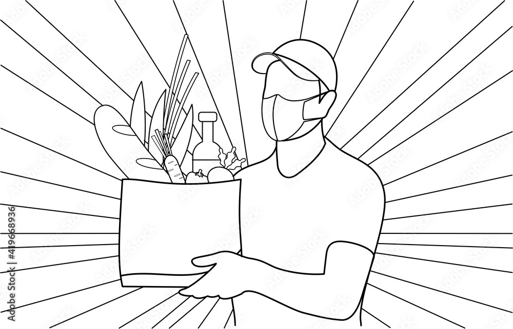 Line art, drawing of delivery man holding a bag with food, Vegetables ...