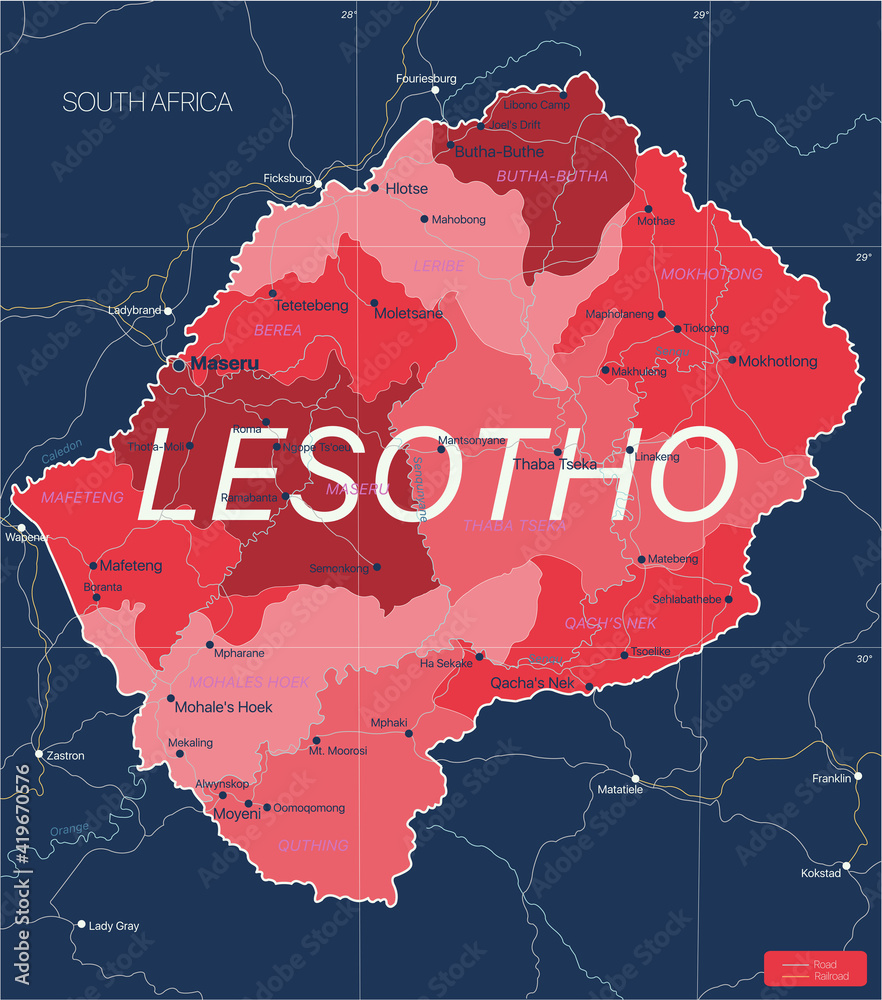 Lesotho country detailed editable map with regions cities and towns ...