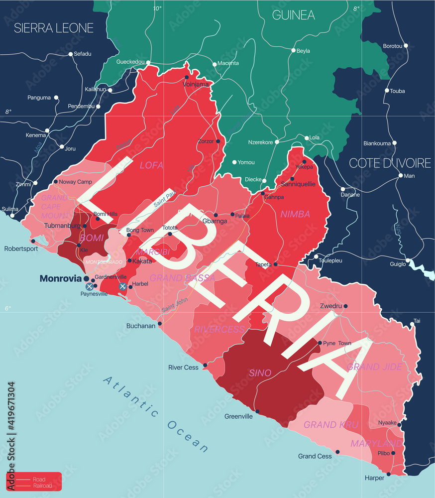 Liberia country detailed editable map with regions cities and towns ...