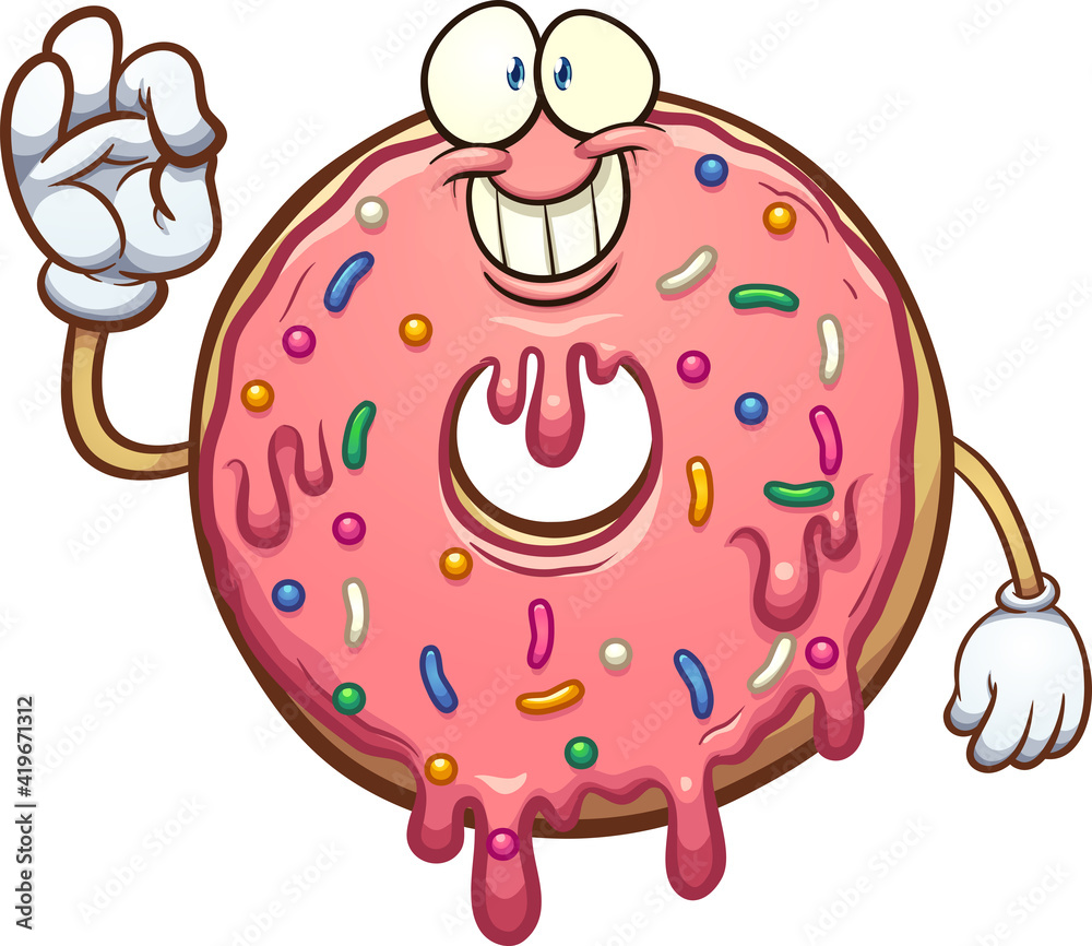 Cartoon pink donut character making the okay hand sign. Vector clip art ...