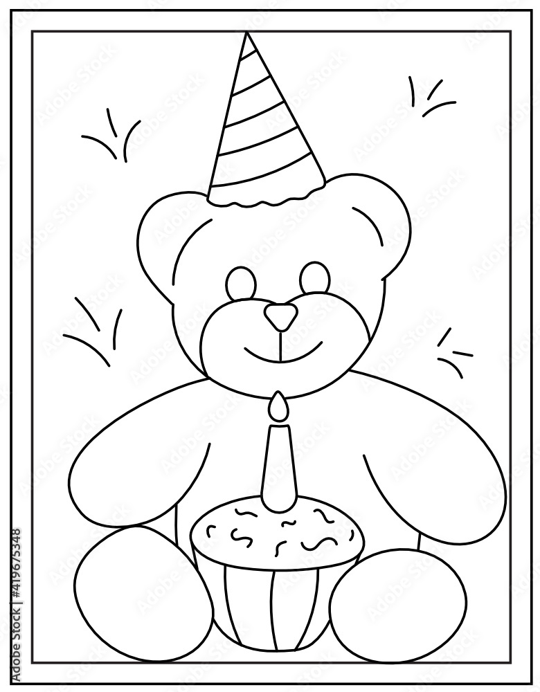 Birthday bear coloring page designed in hand drawn vector Stock Vector ...