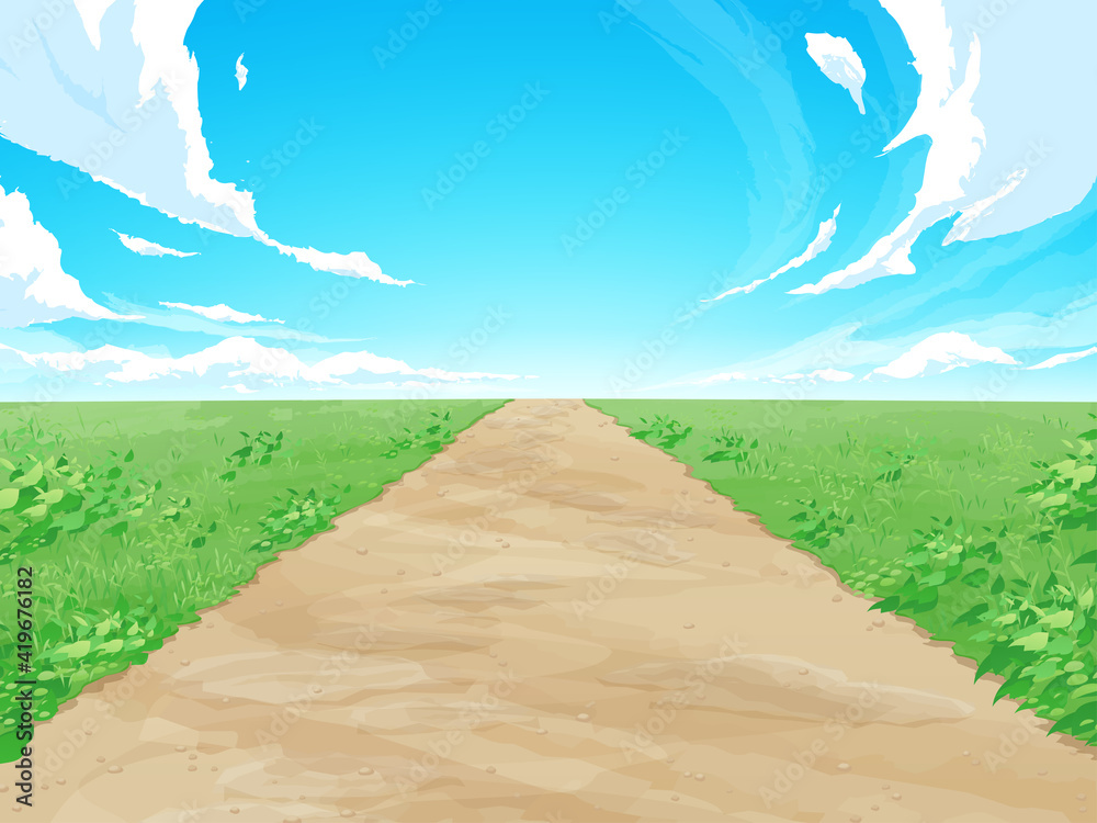 まっすぐな土の道と草原の風景イラスト Stock Vector | Adobe Stock