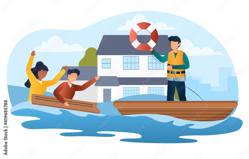 Male character is saving people in the flood. Scared people in flooded ...