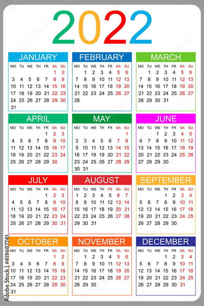 Calendar 2022 yearly. Week starts on Monday. Vector illustration. Stock ...