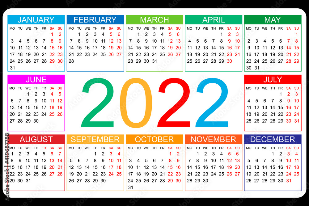 Calendar 2022 yearly. Week starts on Monday. Vector illustration. Stock ...