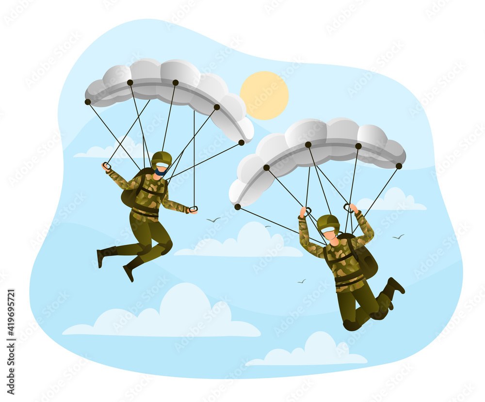 Two male paratroopers in a military uniform are flying with a parachute ...