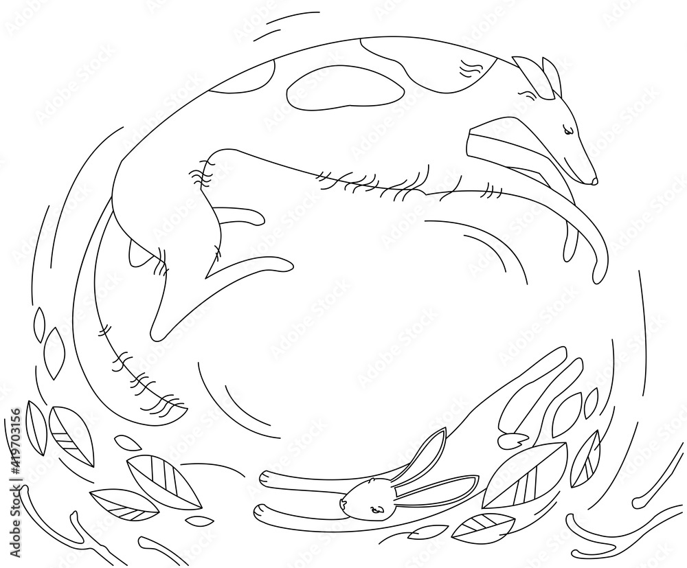 Line art illustration. Hunting dog chasing a hare. The chase follows a ...