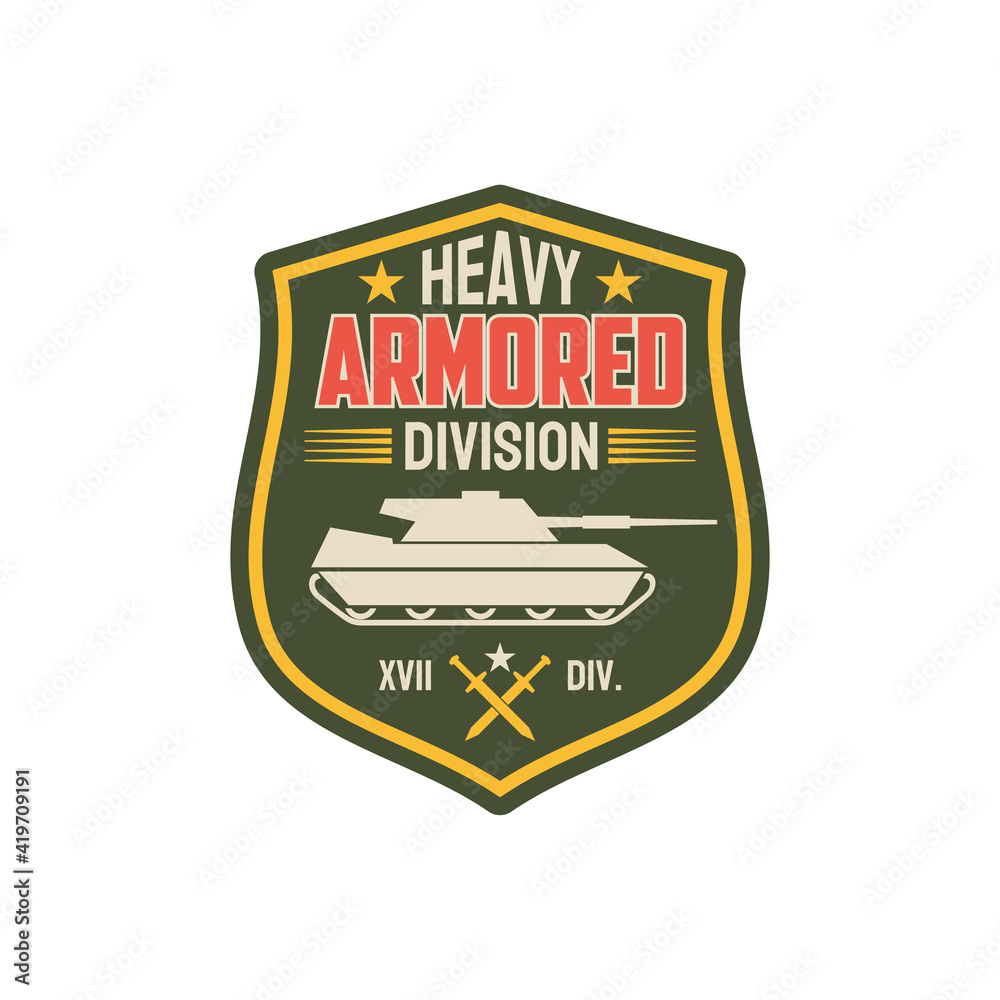 Heavy armored division isolated military chevron with tank. Vector ...