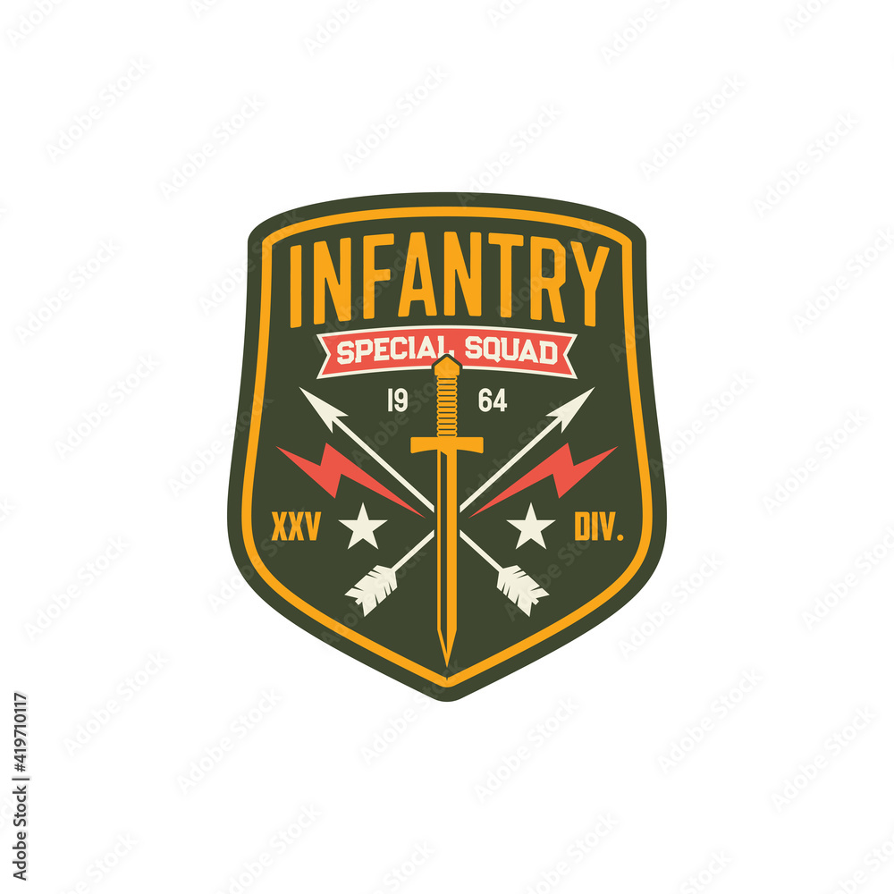 Squad infantry troops, military chevron with sword and crossed arrows ...