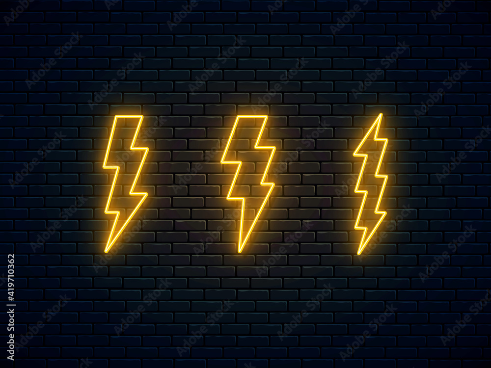 Neon lightning bolt set. High-voltage thunderbolt neon symbol. Thunder ...