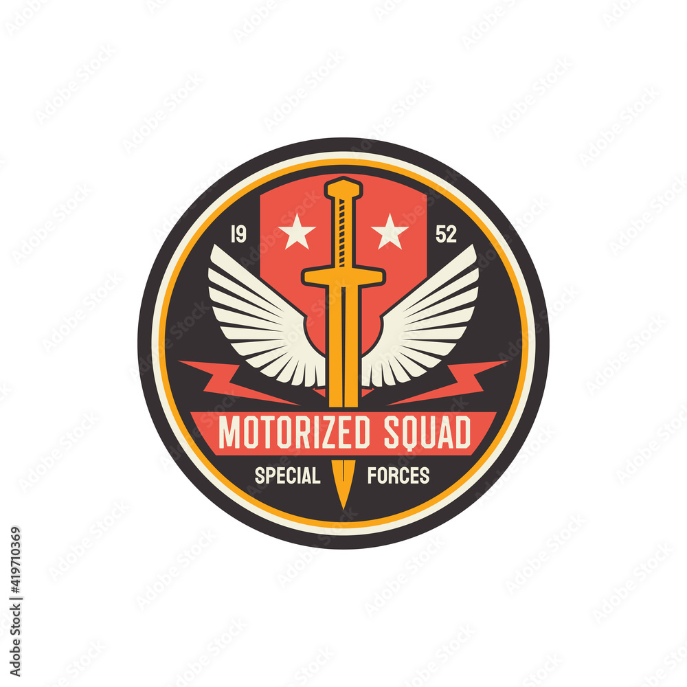 Motorized infantry squad military round emblem with sword and swings ...