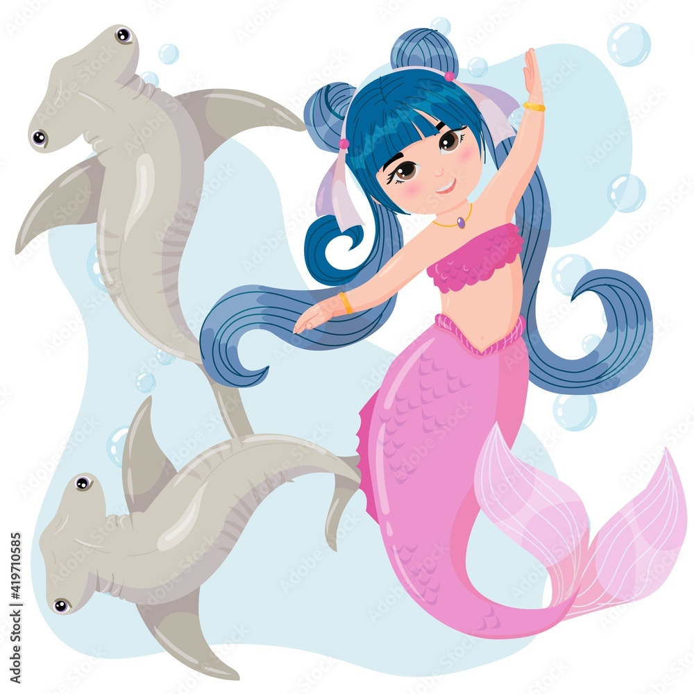 Cute cartoon mermaid with sharks. Little Mermaid with Blue Hair and ...