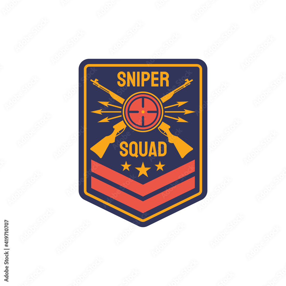 Armored troops emblem isolated sniper squid with crossed rifles and aim ...