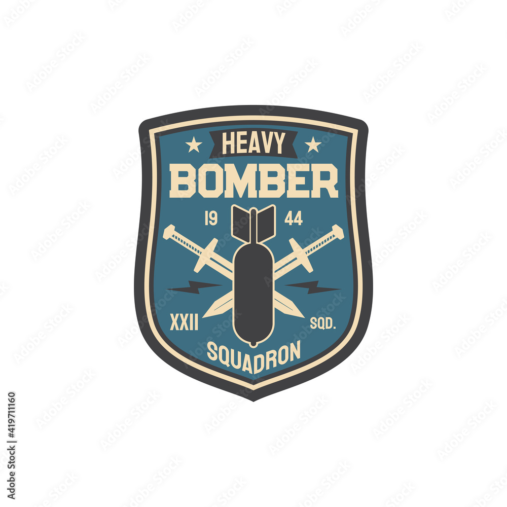 Patch on officer uniform isolated army insignia of heavy bomber, bomb ...