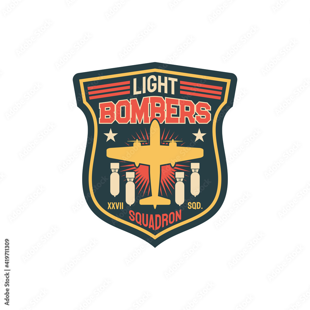 Patch on officer uniform isolated army insignia of bomber division, aircraft and flying bombs ...
