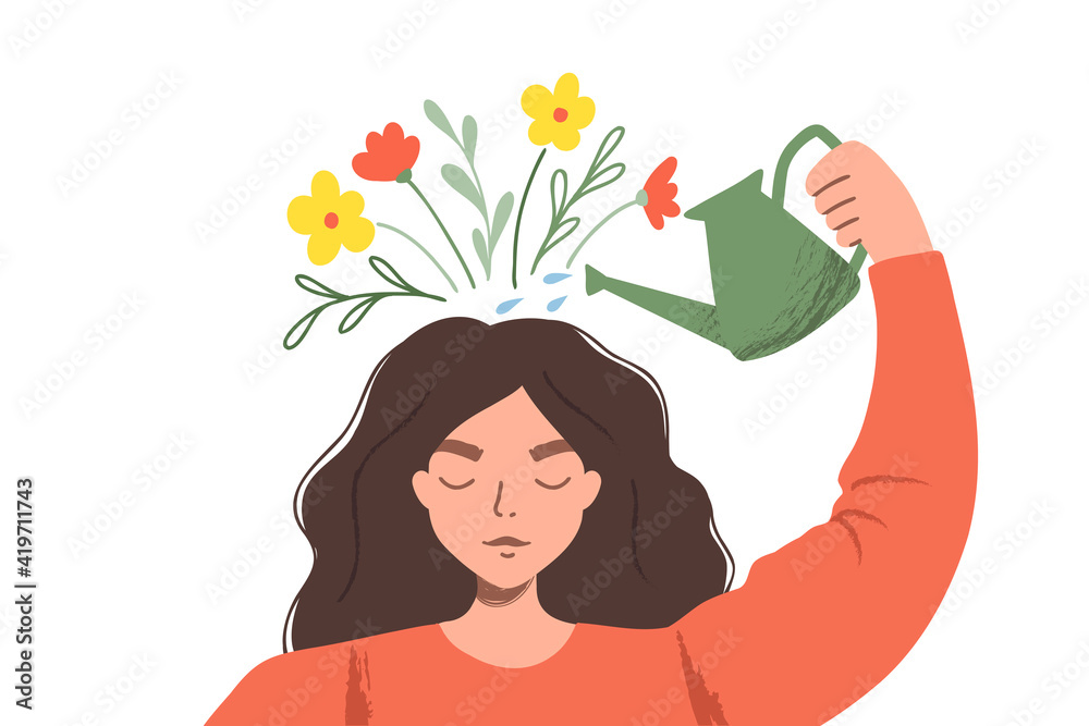 Thinking positve as a mindset. Woman watering plants that symbolize ...