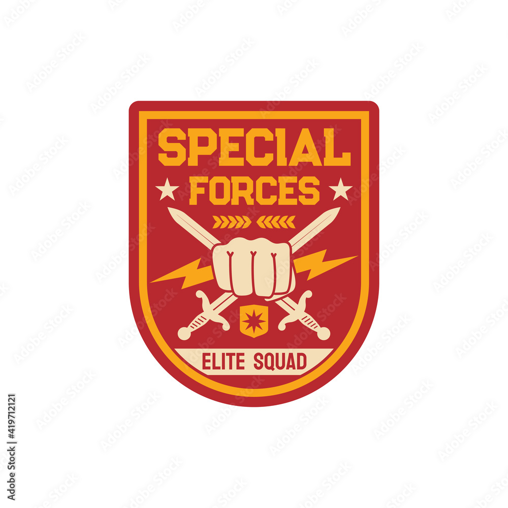 Squad infantry troops, military chevron with crossed sword and fist ...
