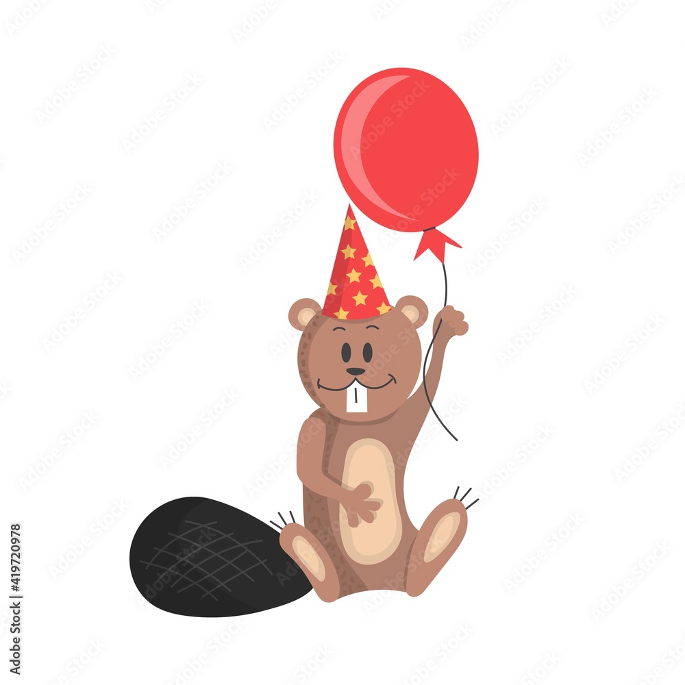 cute beaver with a balloon and a cap on his head, animal birthday ...