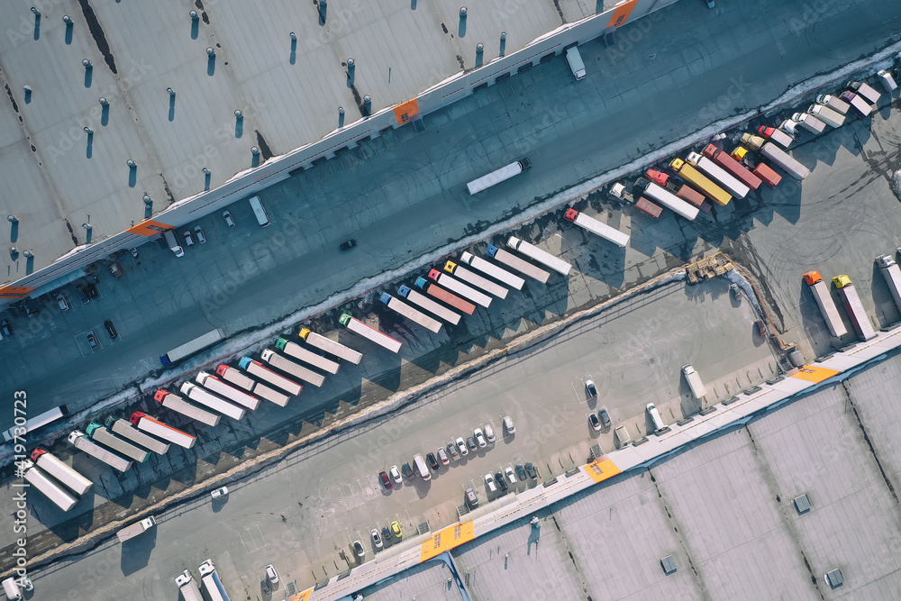 Aerial view of goods warehouse. Logistics center in industrial city ...